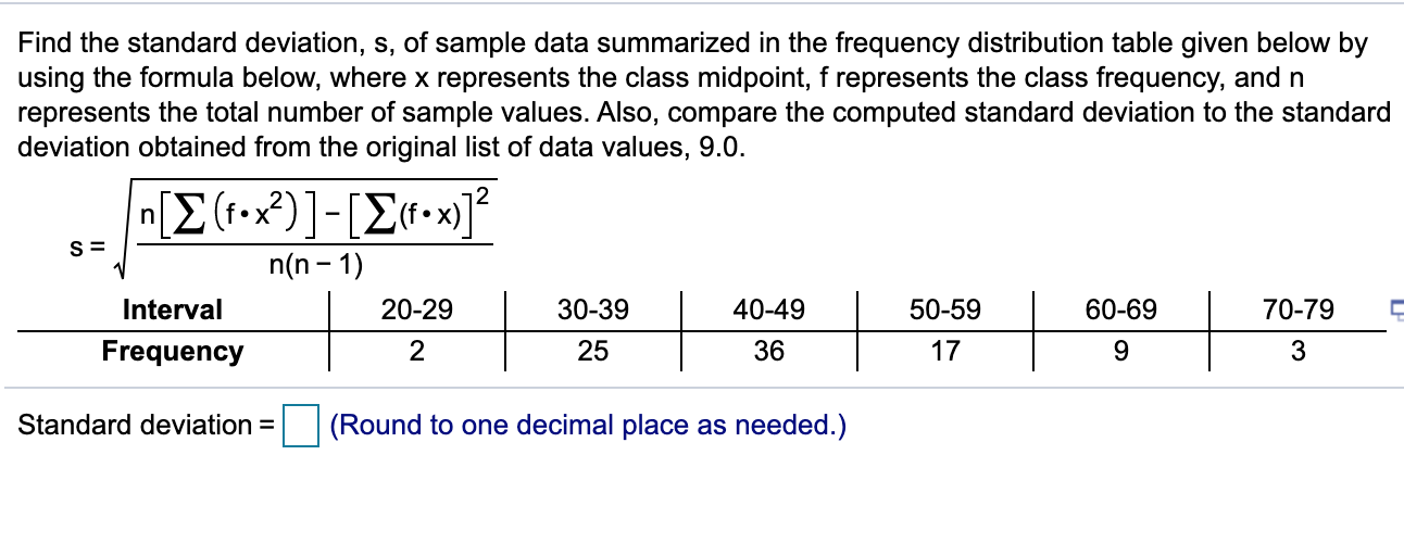 Solved Find the standard deviation, s, of sample data | Chegg.com