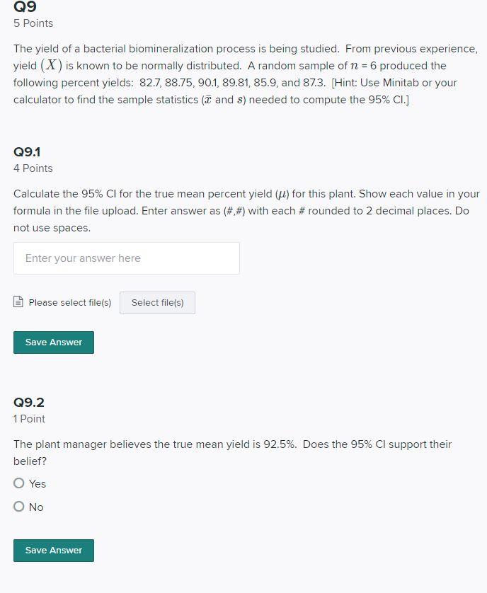 Solved Q9 5 Points The yield of a bacterial | Chegg.com