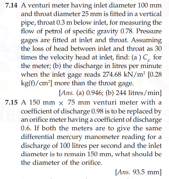 Solved 7.14 A venturi meter having inlet diameter 100 mm and | Chegg.com