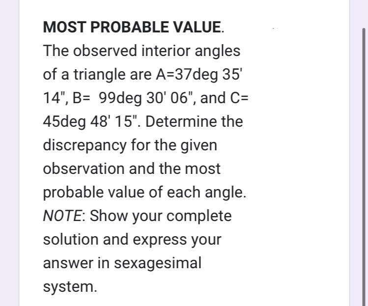 Solved Most Probable Value The Observed Interior Angles Of