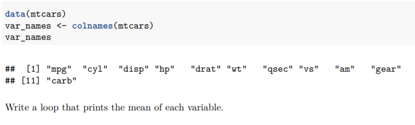 Solved data(mtcars) var_names