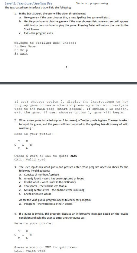 Level 1: Text-based Spelling Bee Write in c | Chegg.com