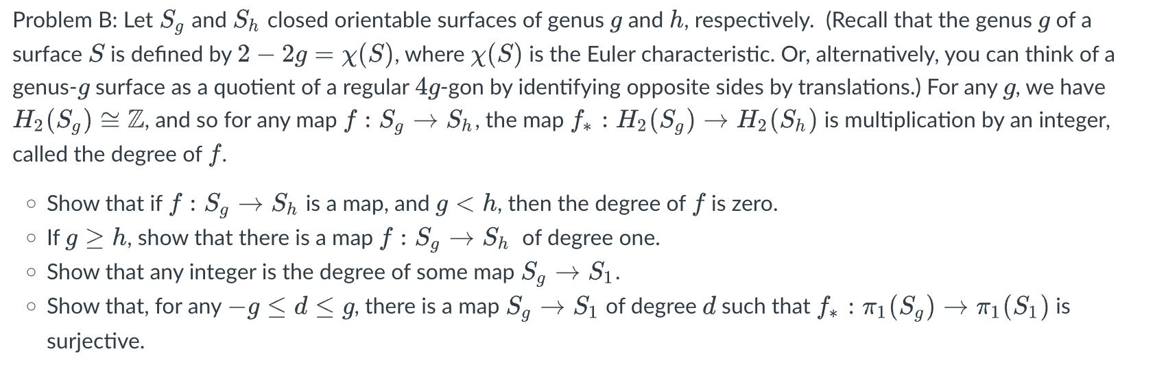 Solved Problem B: Let Sg and Sh closed orientable surfaces | Chegg.com