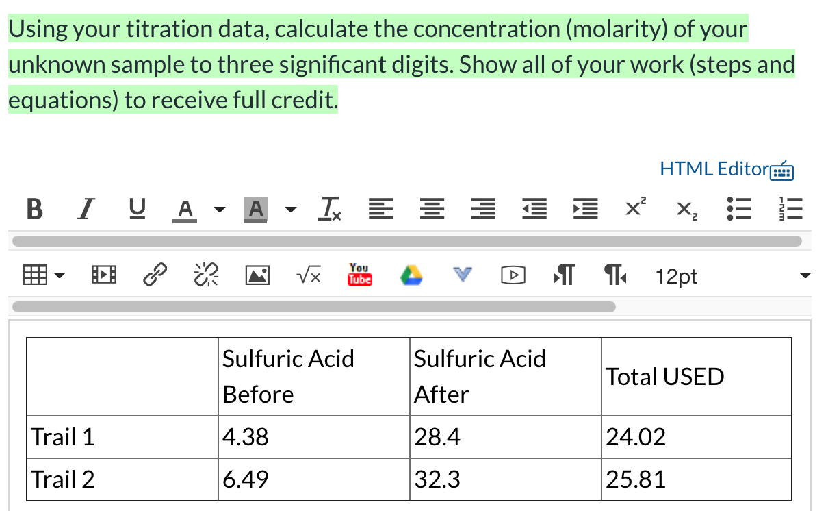 Using your titration data, calculate the | Chegg.com