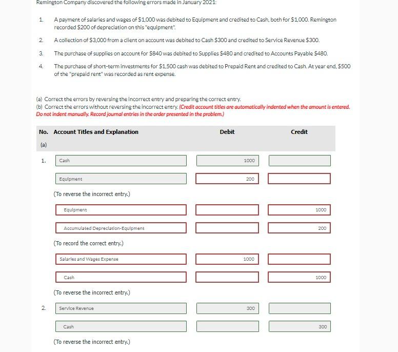 Solved Remington Company discovered the following errors | Chegg.com
