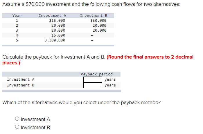 Solved Assume a $70,000 investment and the following cash | Chegg.com