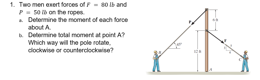 [Solved]: 1. Two men exert forces of F=80lb and P=50lb on