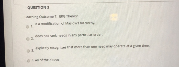 Solved QUESTION 3 Learning Outcome 7. ERG Theory: 0 1. is a | Chegg.com