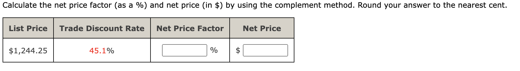 Solved Calculate the net price factor (as a \%) and net | Chegg.com