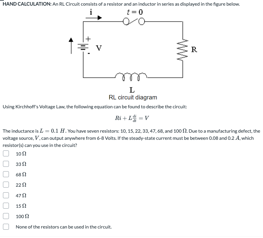 Solved HAND CALCULATION: An RL Circuit consists of a | Chegg.com