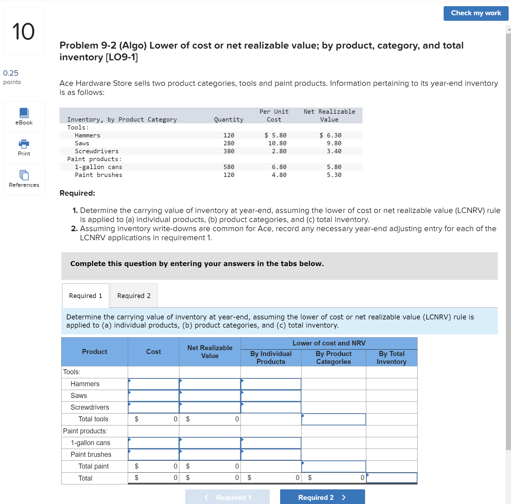 Problem 9-2 (Algo) Lower of cost or net realizable | Chegg.com