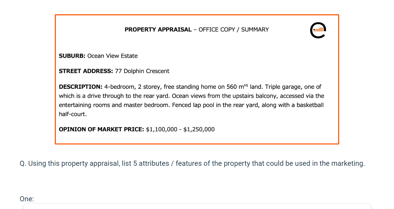 Solved PROPERTY APPRAISAL - OFFICE COPY / SUMMARY SUBURB: | Chegg.com