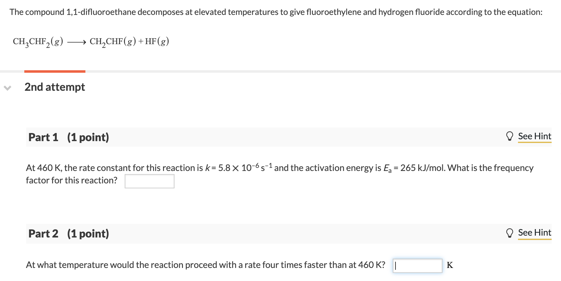 Solved The compound 1,1-difluoroethane decomposes at | Chegg.com