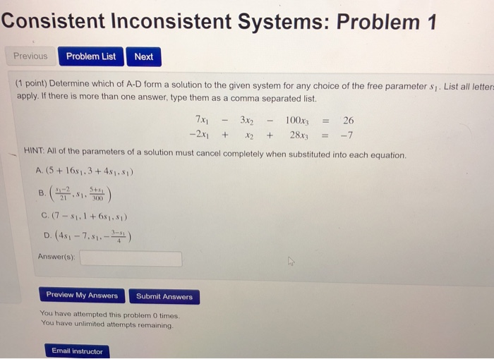 Solved Consistent Inconsistent Systems: Problem 1 Previous | Chegg.com