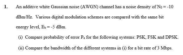 Solved 1 An additive white Gaussian noise (AWGN) channel has | Chegg.com