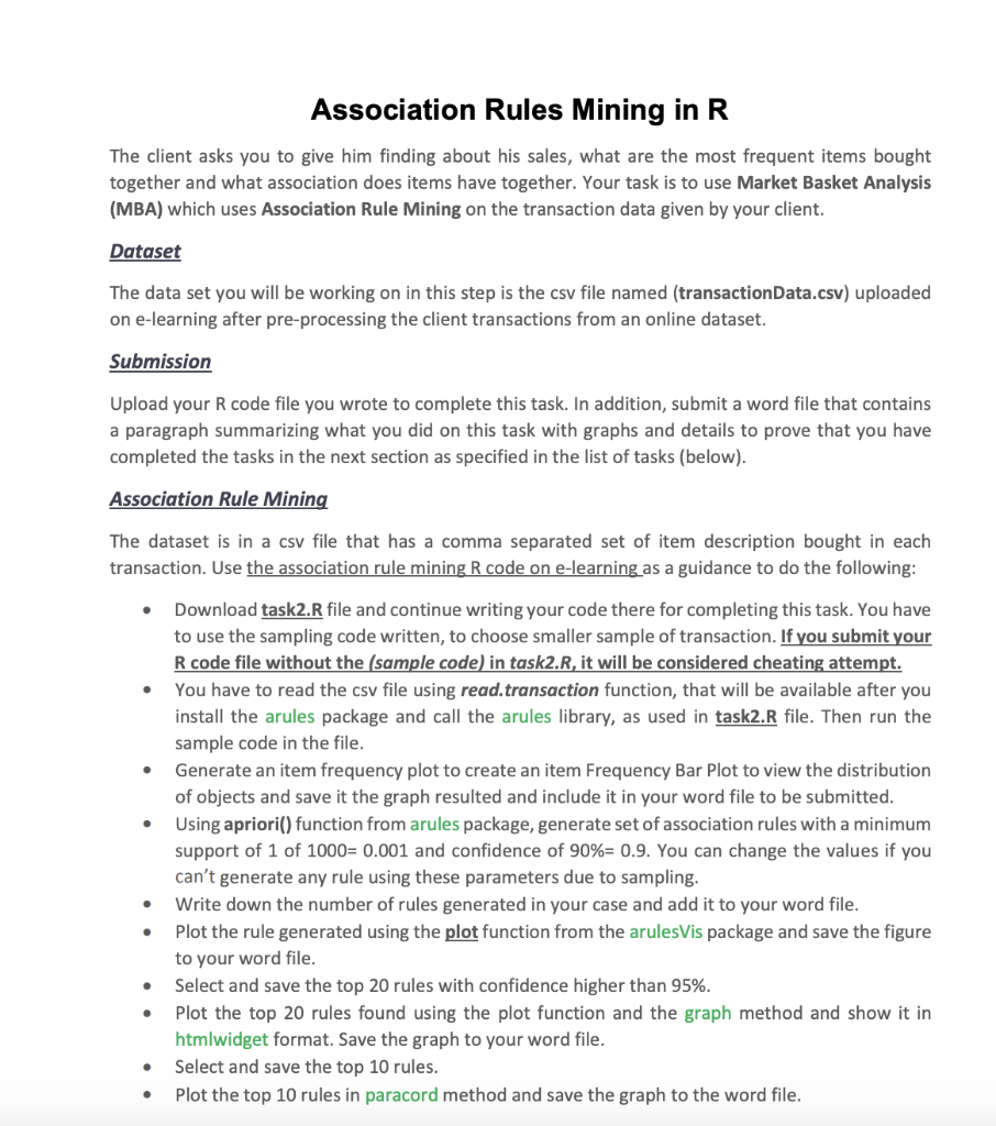 Solved Association Rules Mining in R The client asks you to | Chegg.com