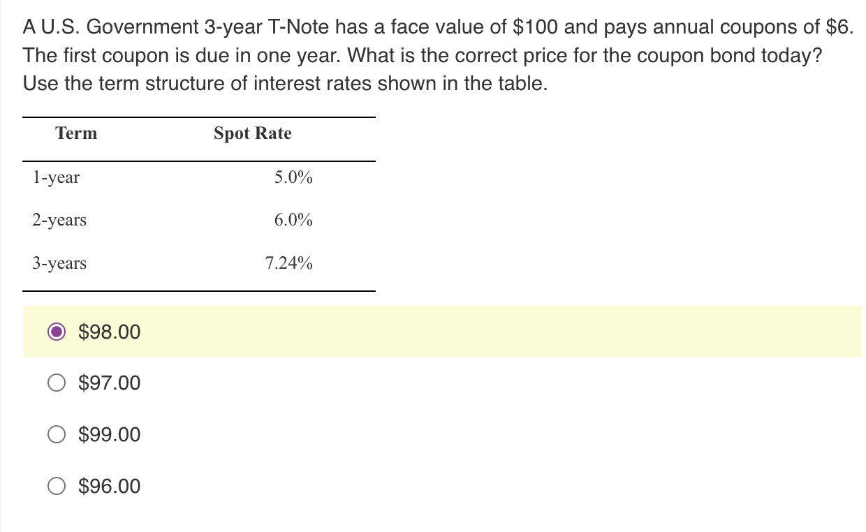 Solved A U.S. Government 3-year T-Note has a face value of | Chegg.com