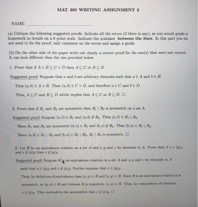 Solved MAT 300 WRITING ASSIGNMENT 3 NAME: (a) Critique the | Chegg.com