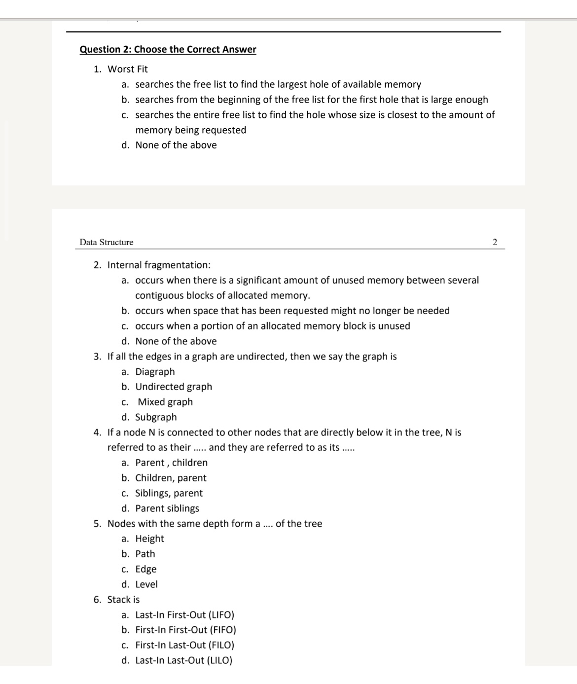 Solved Question 2 Choose The Correct Answer 1 Worst Fit A