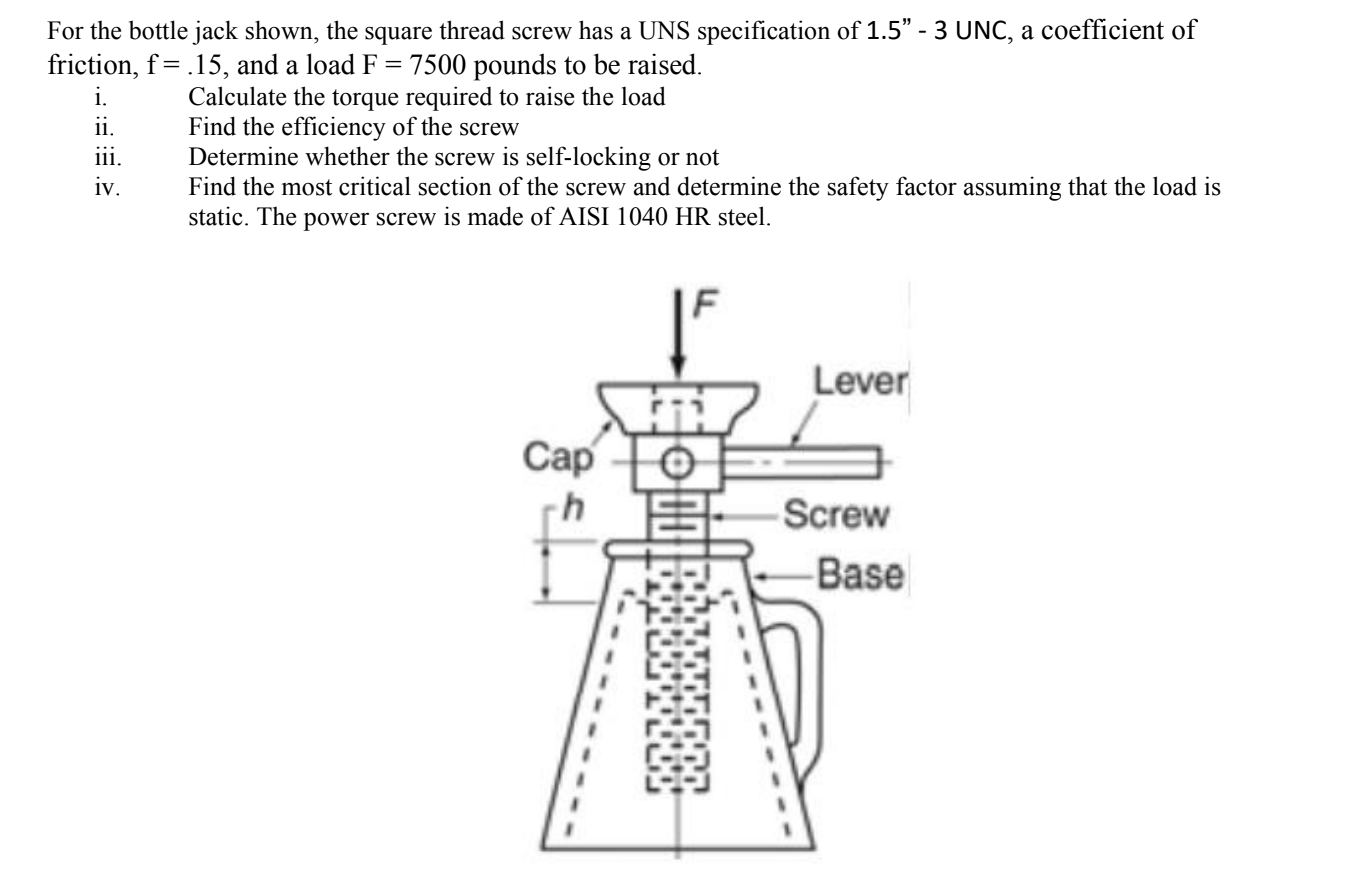 Solved For the bottle jack shown, the square thread screw | Chegg.com