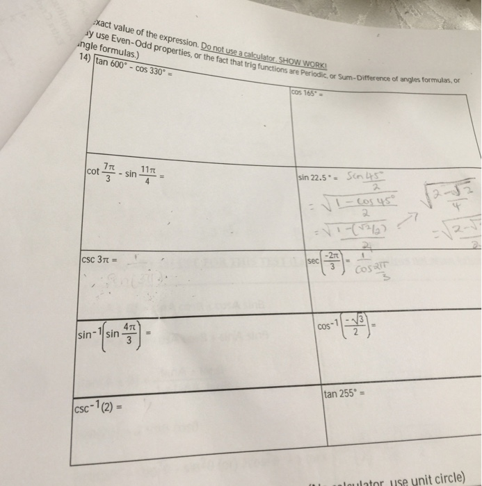 Solved ngle formulas.) 14) tan 600°-cos 330° = xact value of | Chegg.com