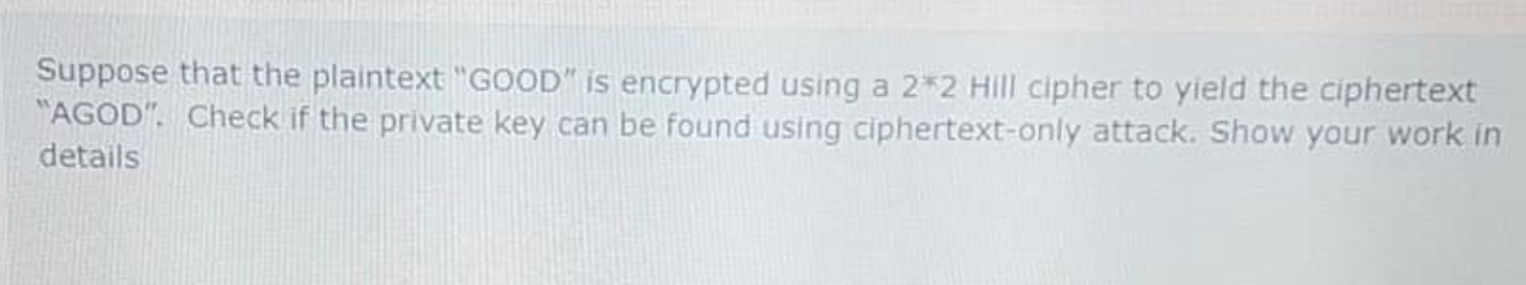 Solved Suppose that the plaintext "GOOD" is encrypted using | Chegg.com