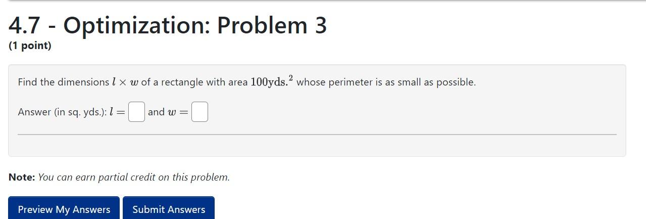 Solved 4.7 - Optimization: Problem 3 (1 point) Find the | Chegg.com