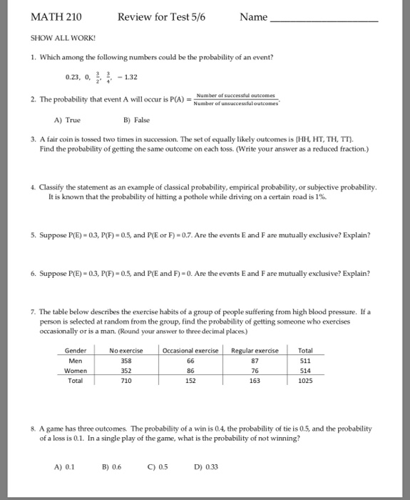 Solved MATH 210 Review for Test 5 /6 Name SHOW ALL WORK! 1. | Chegg.com