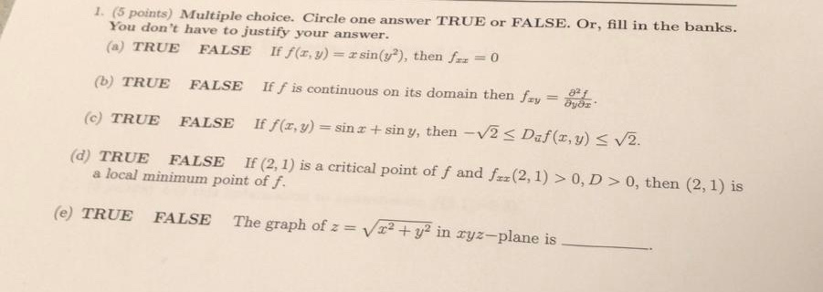 Solved 1. (5 points) Multiple choice. Circle one answer TRUE | Chegg.com
