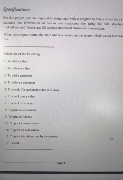 Solved Specifications: For this project, you are required to | Chegg.com