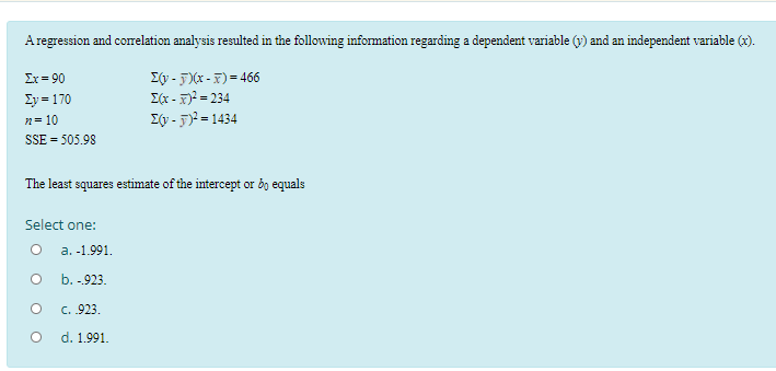 Solved A regression and correlation analysis resulted in the | Chegg.com