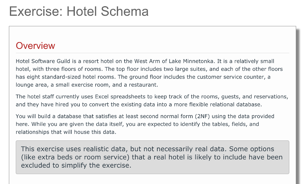 Exercise: Hotel Schema Overview Hotel Software Guild | Chegg.com