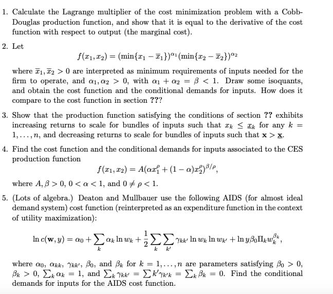 Solved 1 Calculate The Lagrange Multiplier Of The Cost Chegg