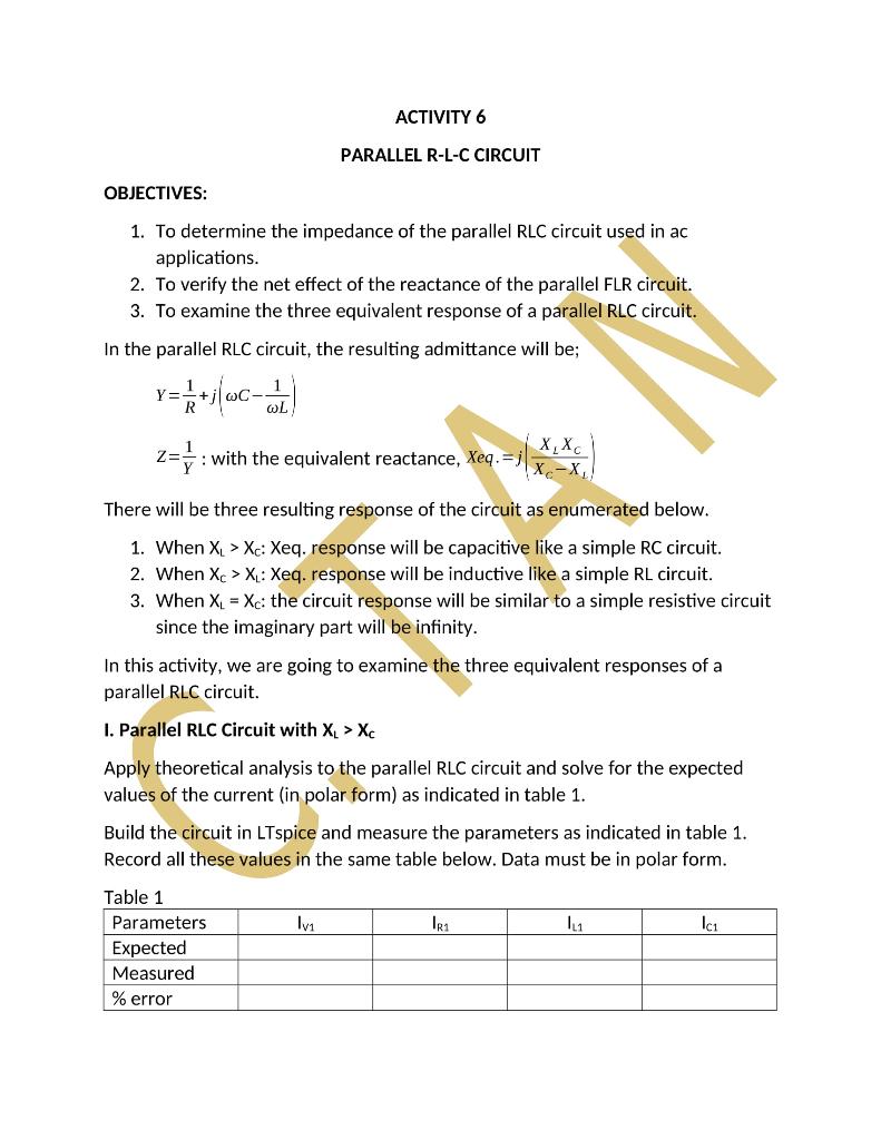 ACTIVITY 6 PARALLEL R-L-C CIRCUIT OBJECTIVES: 1. To | Chegg.com