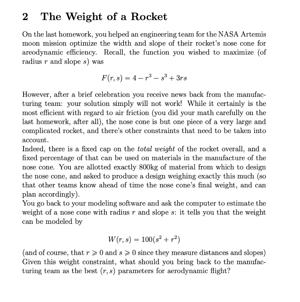 Solved 2 The Weight of a Rocket On the last homework, you | Chegg.com