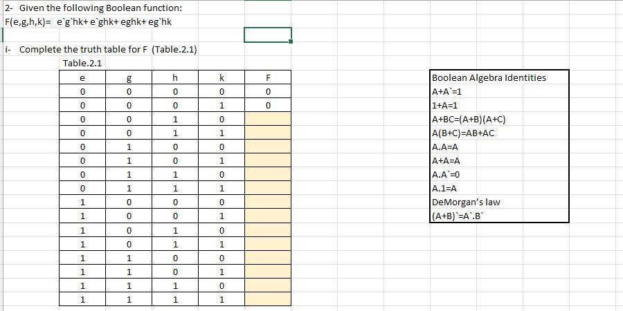Solved 2- Given the following Boolean function: Fleg, h,k)= | Chegg.com