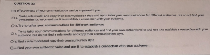 Solved QUESTION 22 The effectiveness of your communication | Chegg.com