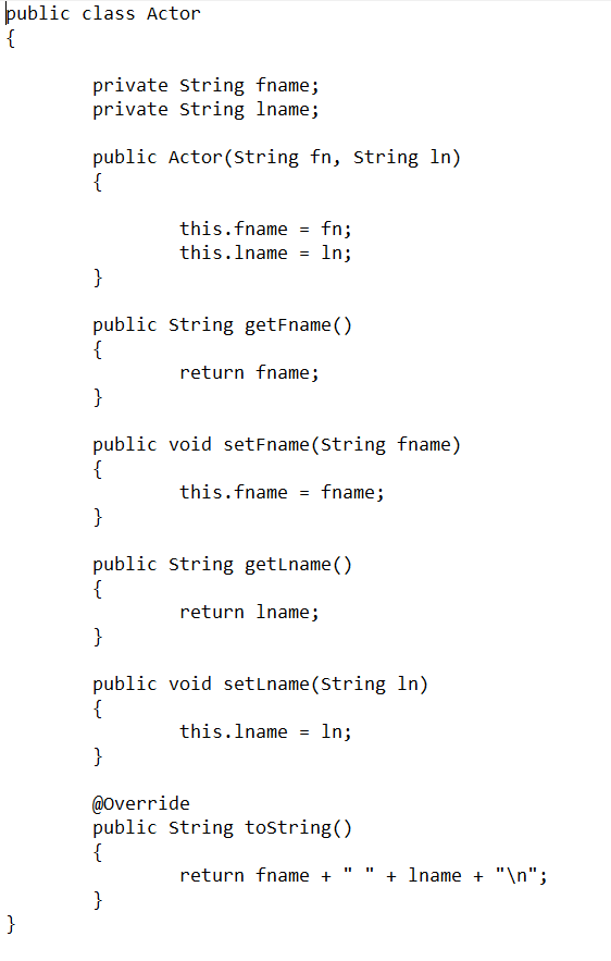 Solved public class Actor { private string fname; private | Chegg.com