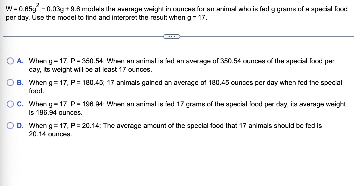 Solved 2 W=0.65g-0.039+9.6 models the average weight in | Chegg.com