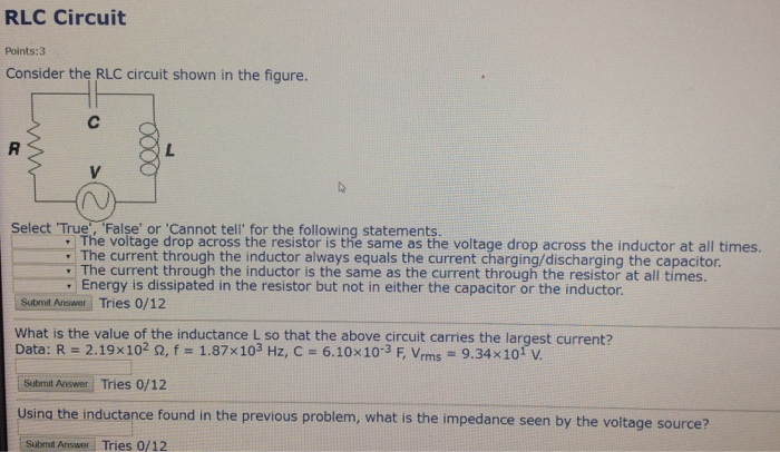 Solved RLC Circuit Points:3 Consider the RLC circuit shown | Chegg.com