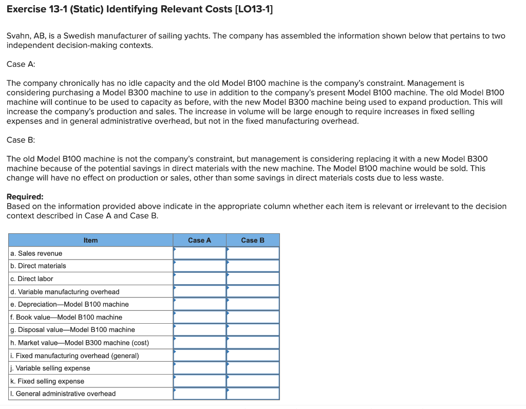 Solved Exercise 13-1 (Static) Identifying Relevant Costs | Chegg.com Solved Exercise 13-1 (Static) Identifying Relevant Costs | Chegg.com
