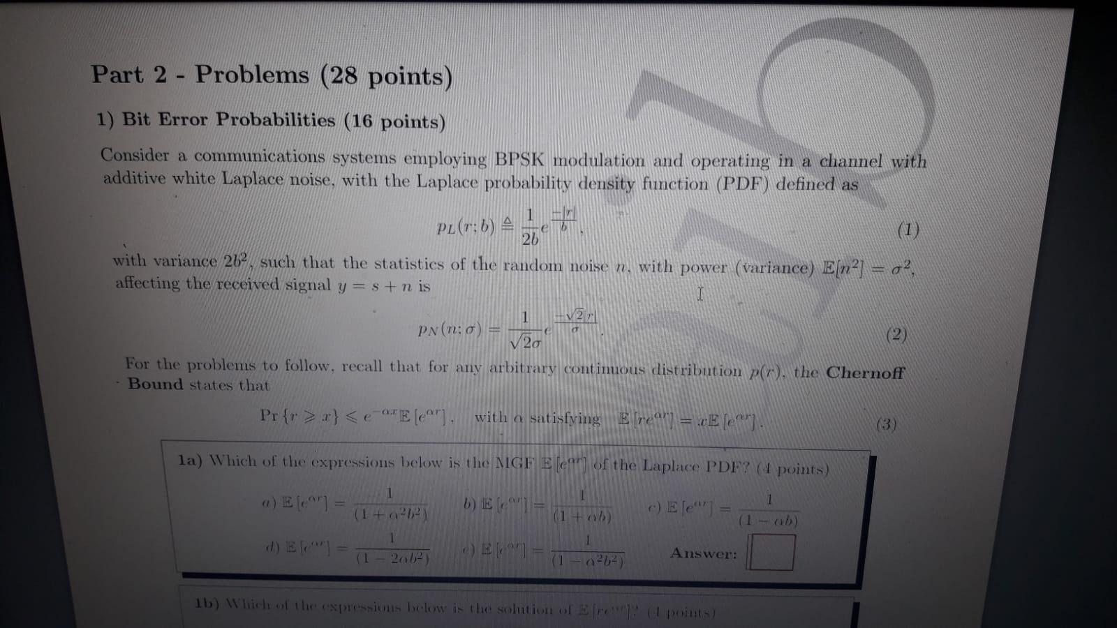 Part 2 - Problems (28 points) 1) Bit Error | Chegg.com