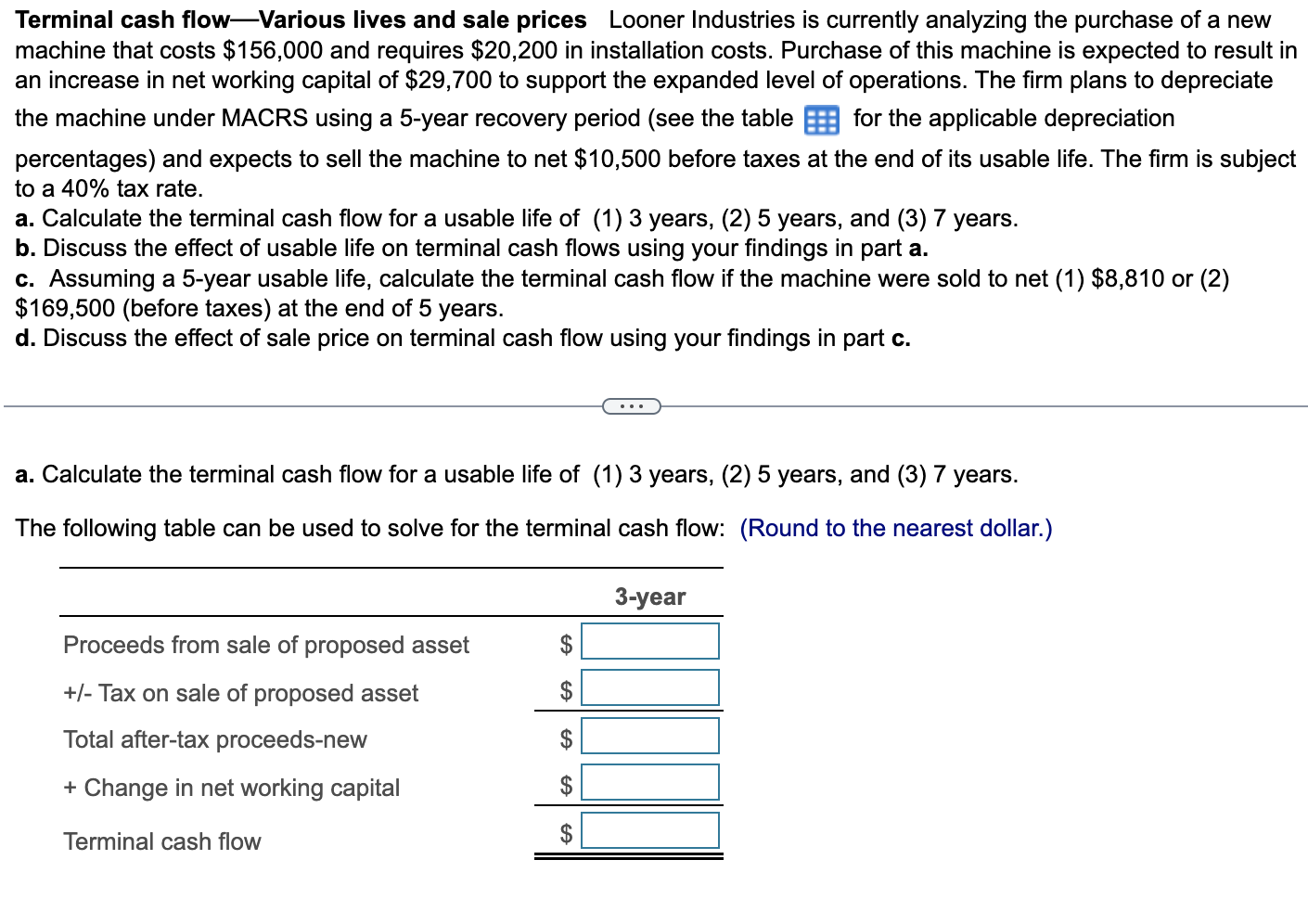 Solved Terminal cash flow-Various lives and sale prices | Chegg.com