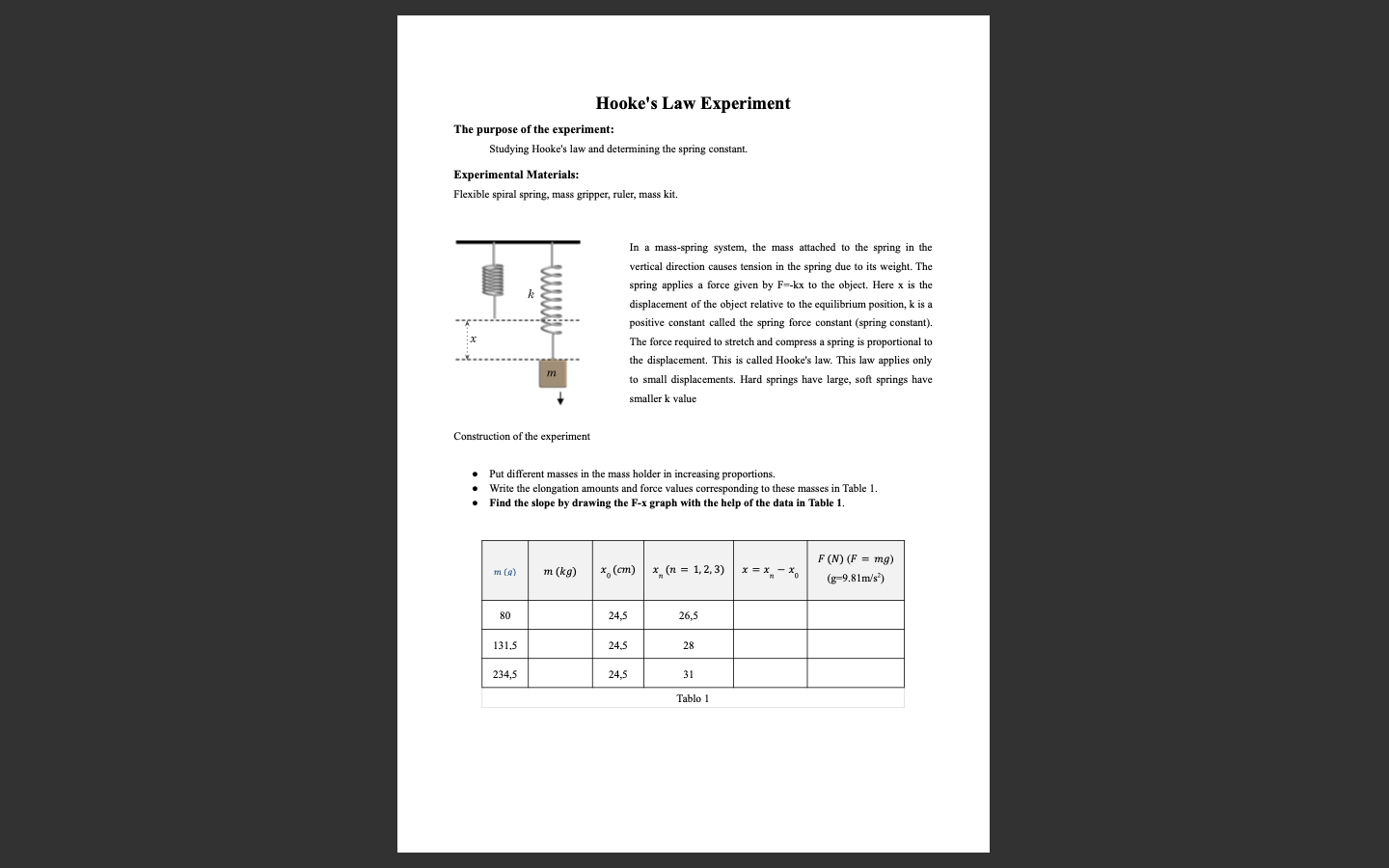 Solved The purpose of the experiment: Studying Hooke's law | Chegg.com