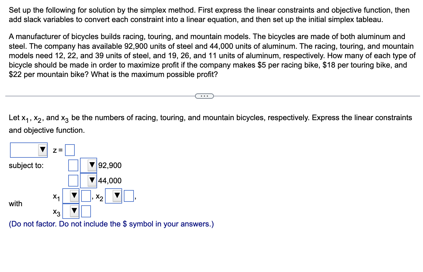 Solved Set up the following for solution by the simplex | Chegg.com