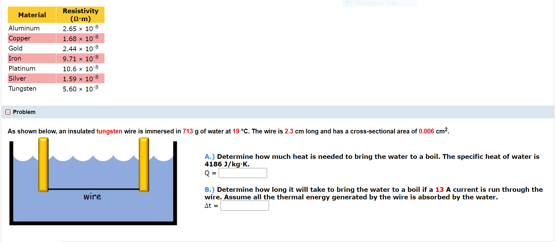 Solved Rectangular Snip Material Aluminum Copper Gold Iron | Chegg.com