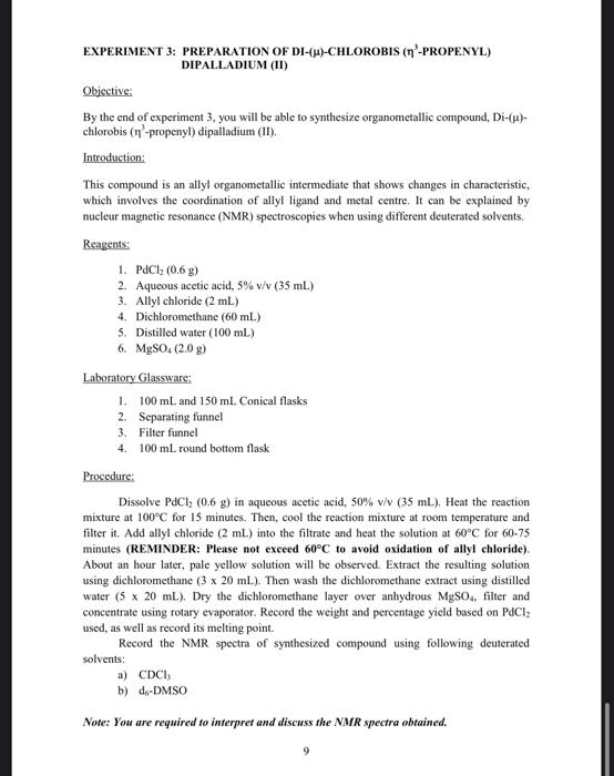 Solved EXPERIMENT 3: PREPARATION OF DI-( μ )-CHLOROBIS ( | Chegg.com