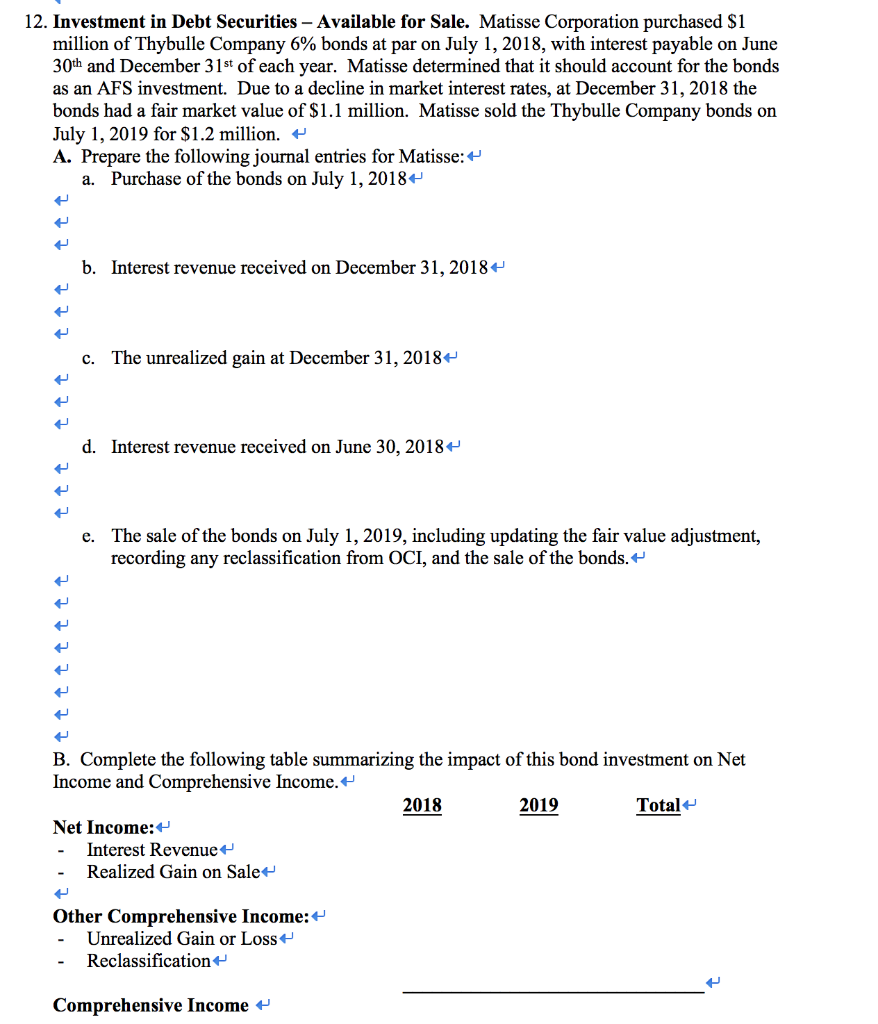 Solved 12. Investment in Debt Securities - Available for | Chegg.com
