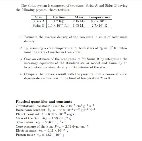 Solved The Sirius system is composed of two stars: Sirius A | Chegg.com