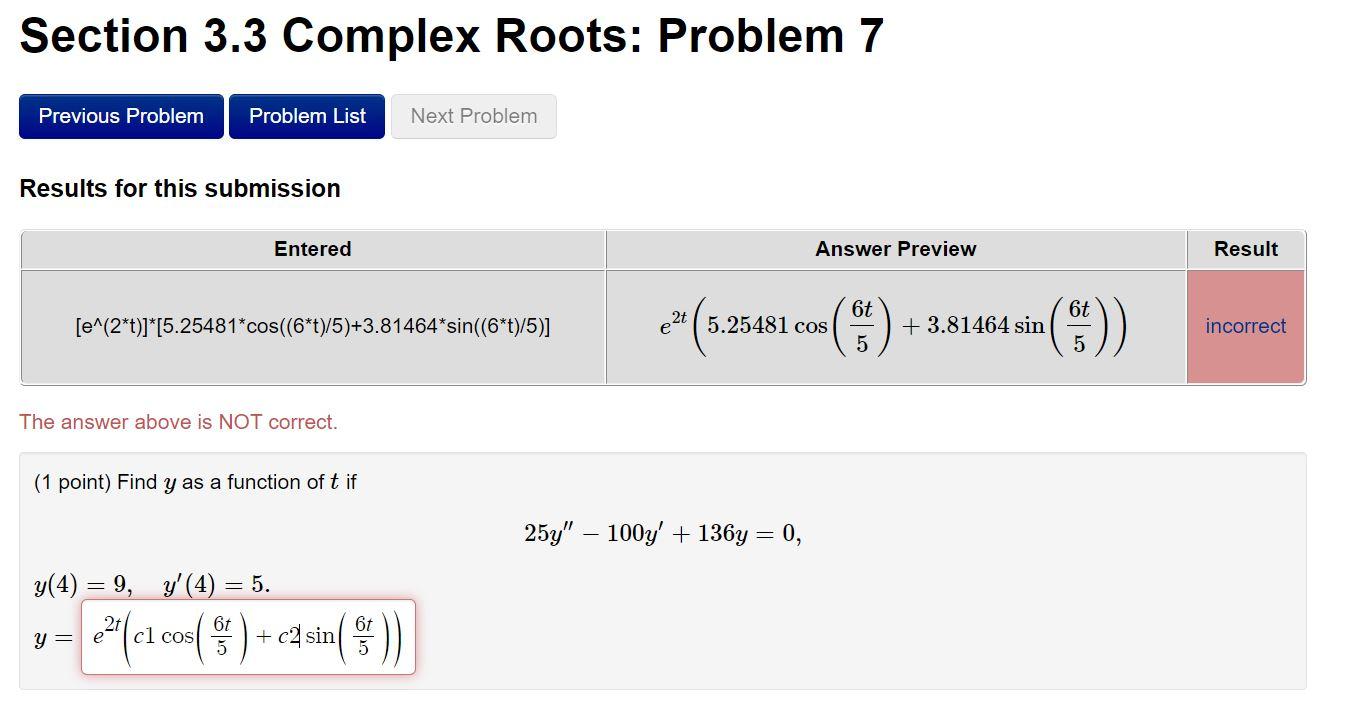 Solved Find y as a function of t // section 3.3 // complex | Chegg.com